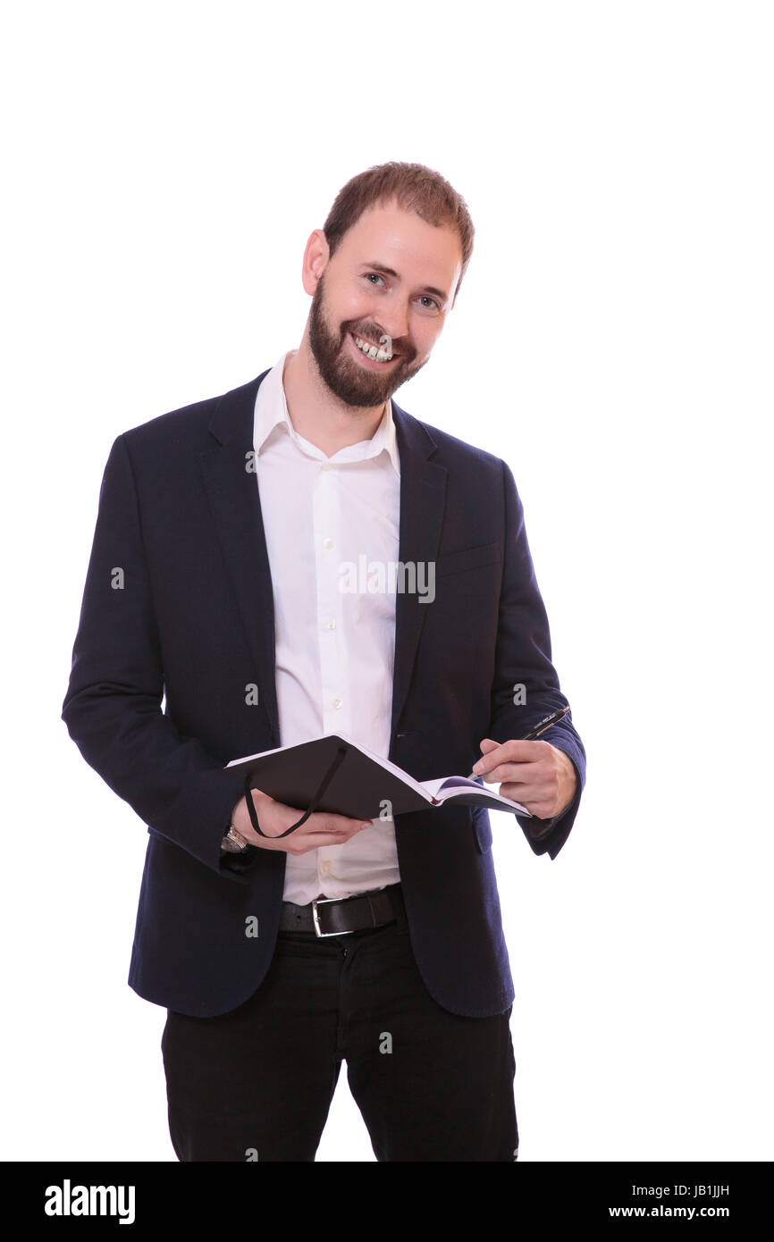 man standing with notebook and making remarks Stock Photo - Alamy