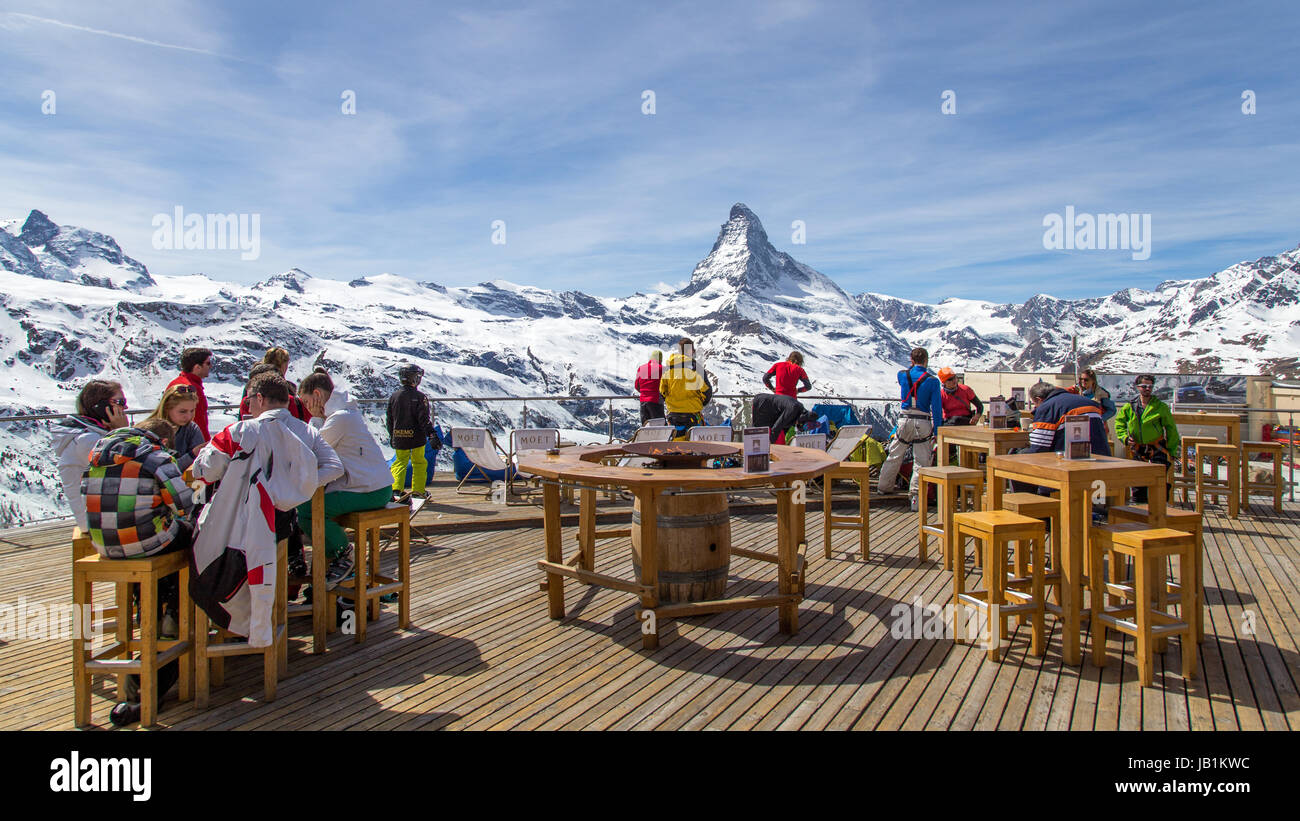 Ski resort bar with Matterhorn view Stock Photo - Alamy