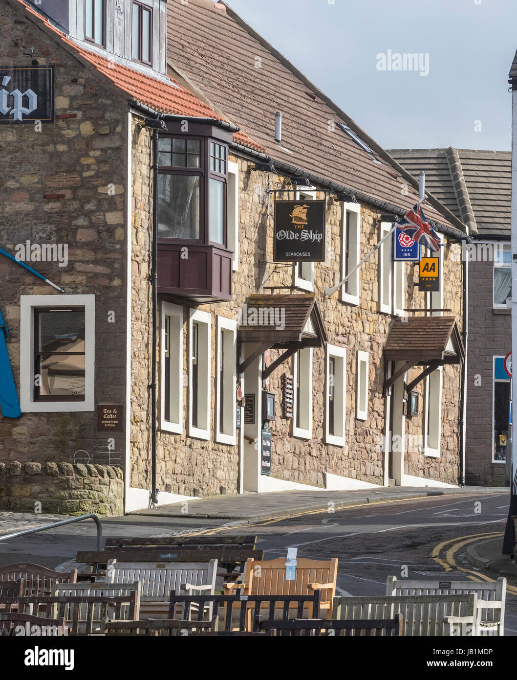 The Old Ship hotel and inn, Seahouses harbour, Northumberland Stock ...