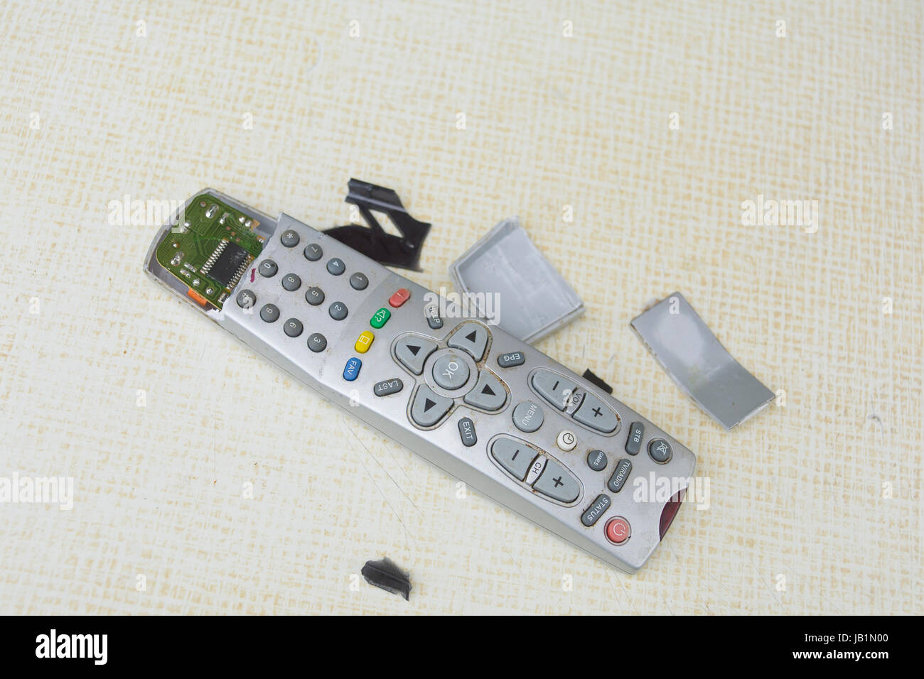 Abandoned crashed TV remote control on a table top, overhead view Stock ...