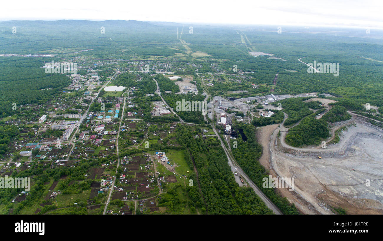 Stone quarry. Aerial view over the building materials processing ...
