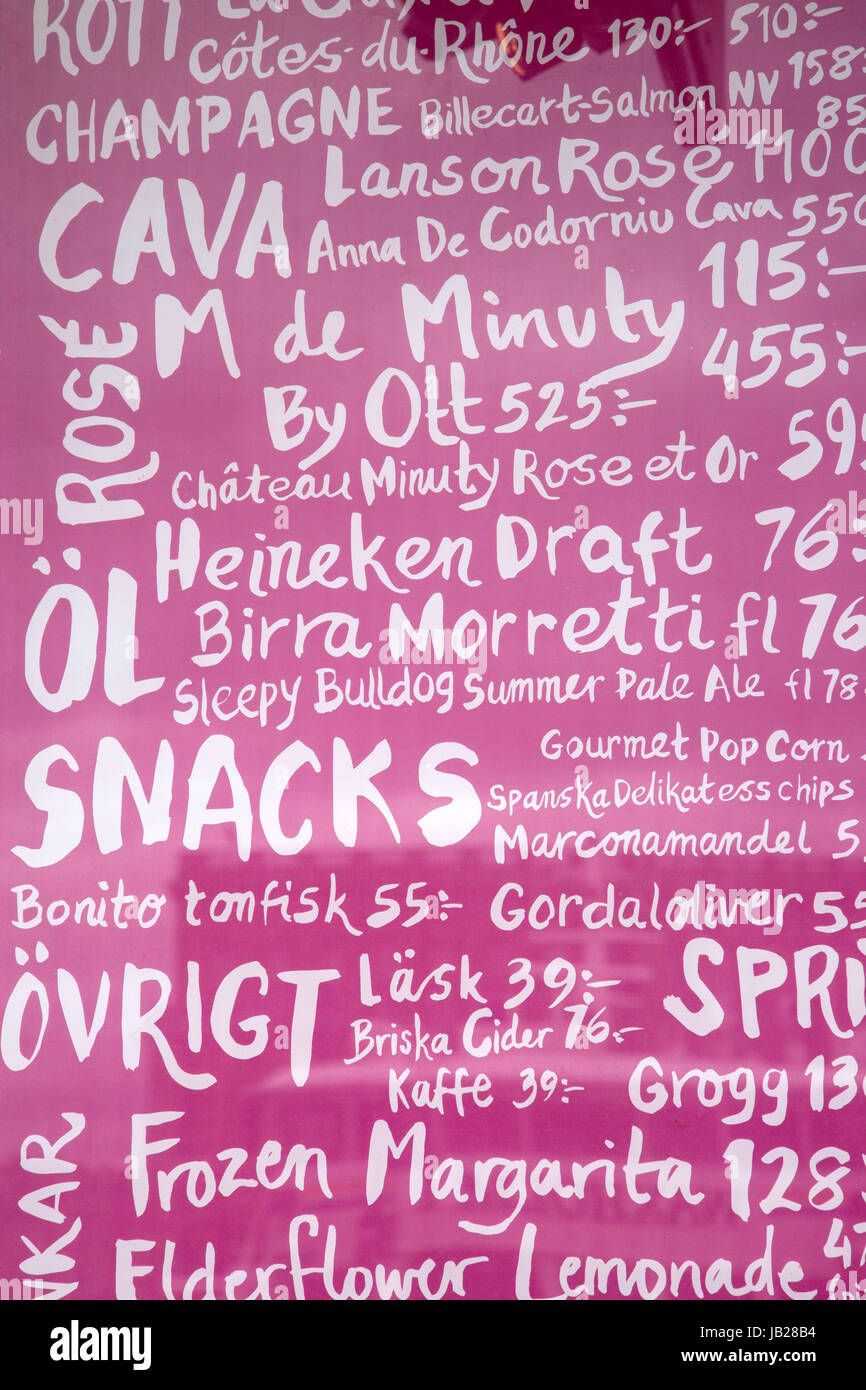 Drinks Menu in Stockholm; Sweden Stock Photo - Alamy