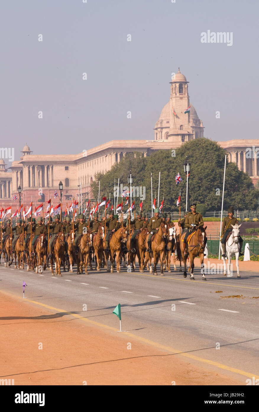Mounted soldiers parading down the Raj Path in preparation for the ...