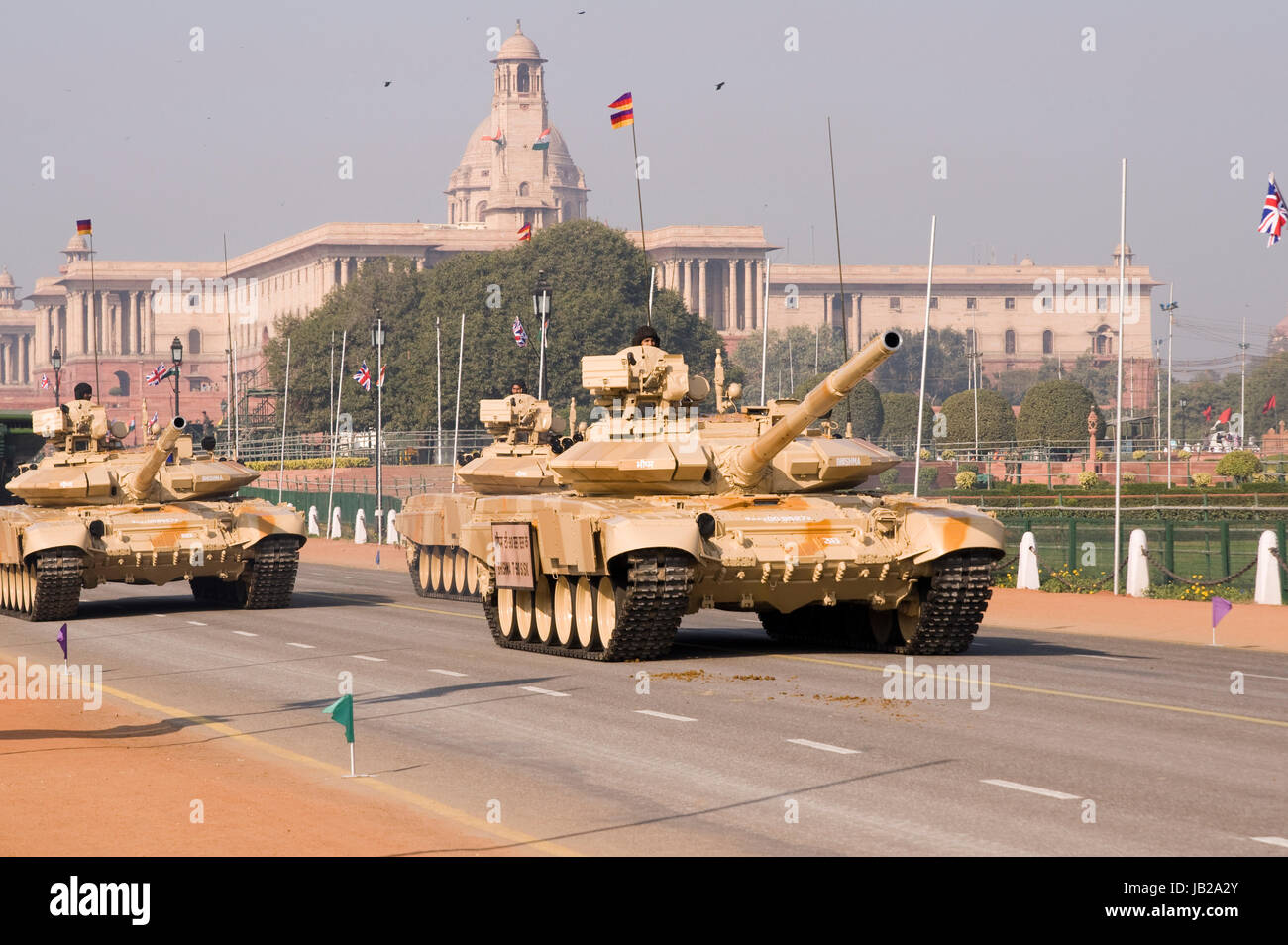 Armoured vehicles driving down the Raj Path in preparation for annual ...