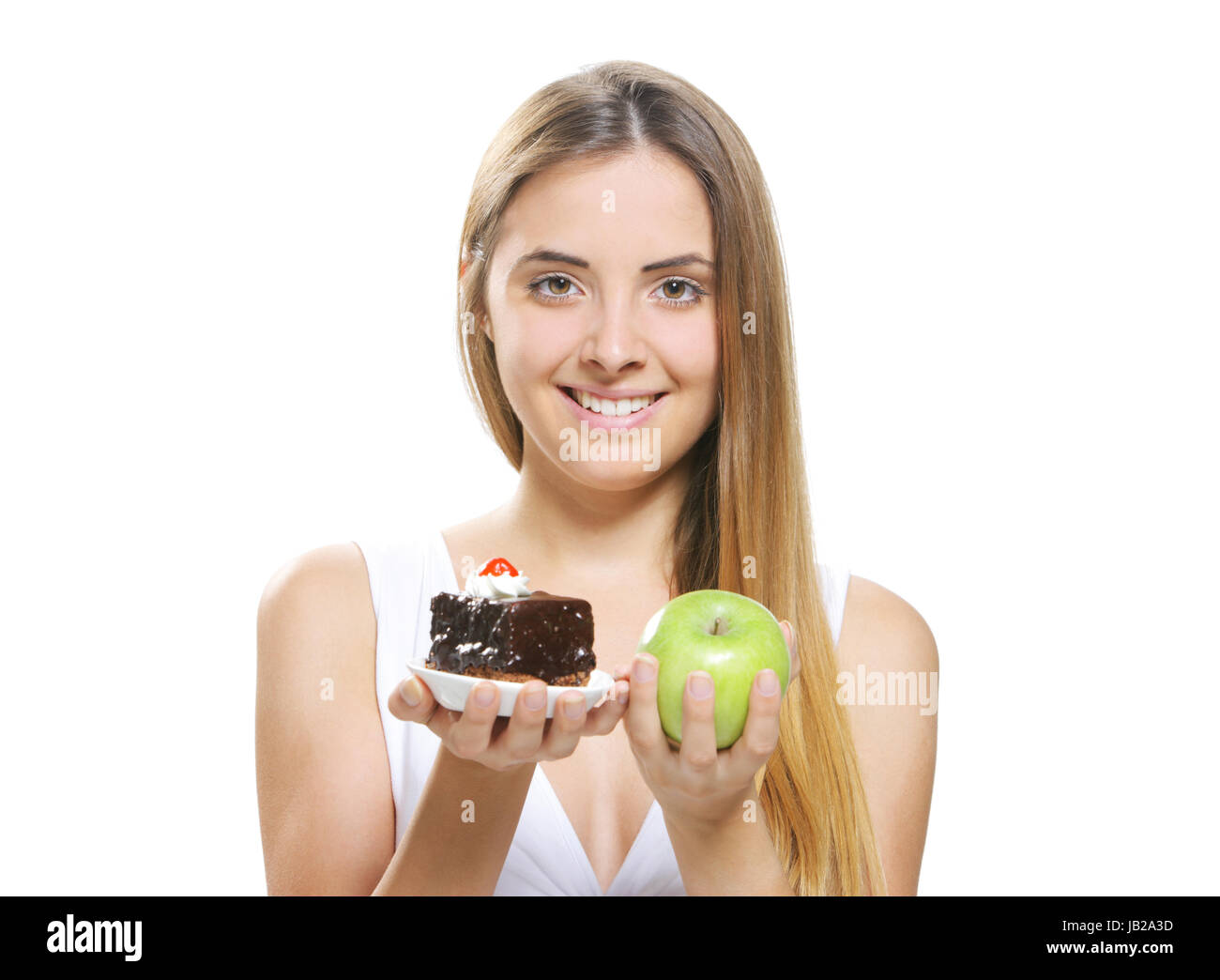 diet concept: Woman choosing between fruits and cakes Stock Photo - Alamy diet concept: Woman choosing between fruits and cakes Stock Photo - Alamy
