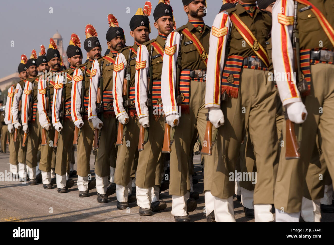 Soldiers in best dress uniform marching down the RajPath in preparation ...
