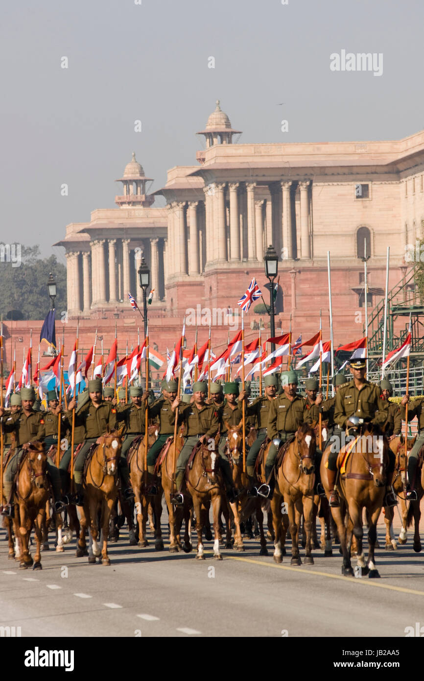 Mounted soldiers parading down the Raj Path in preparation for the ...