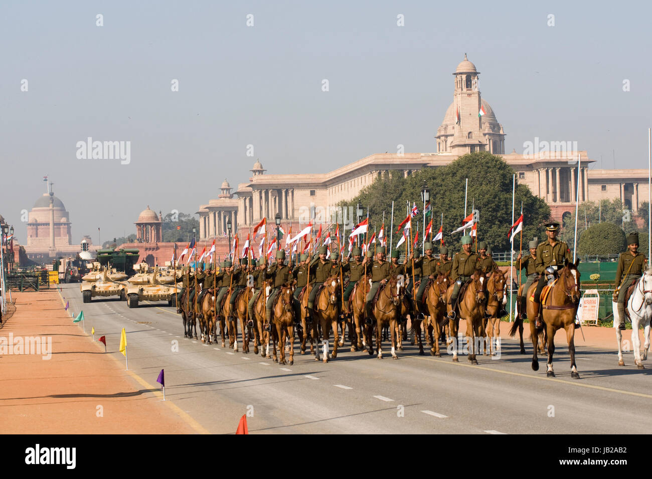 Mounted soldiers parading down the Raj Path in preparation for the ...