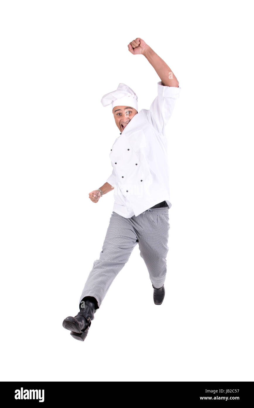 Male chef jumping high isolated in white Stock Photo - Alamy