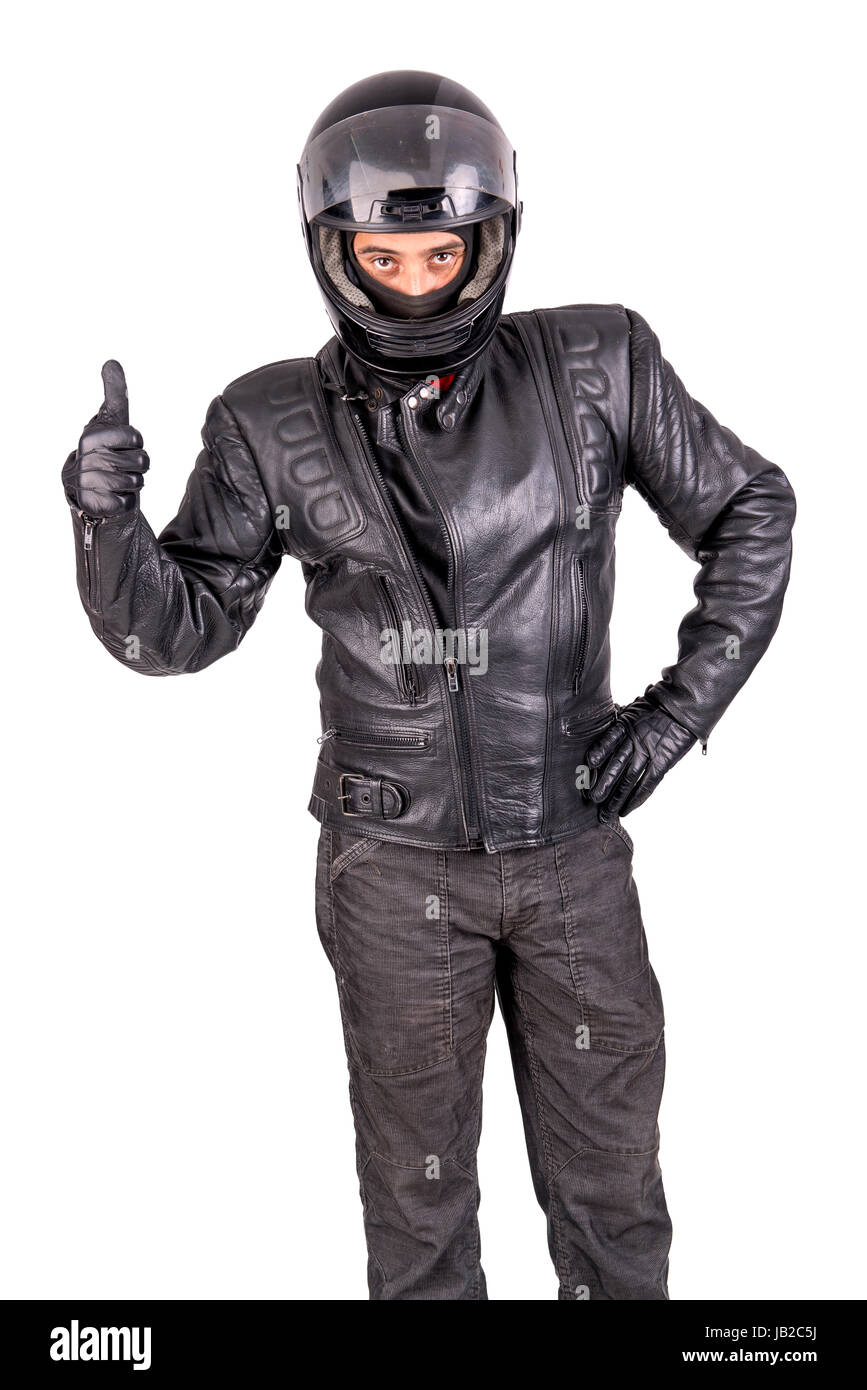 Biker in leather jacket with helmet isolated in white Stock Photo - Alamy