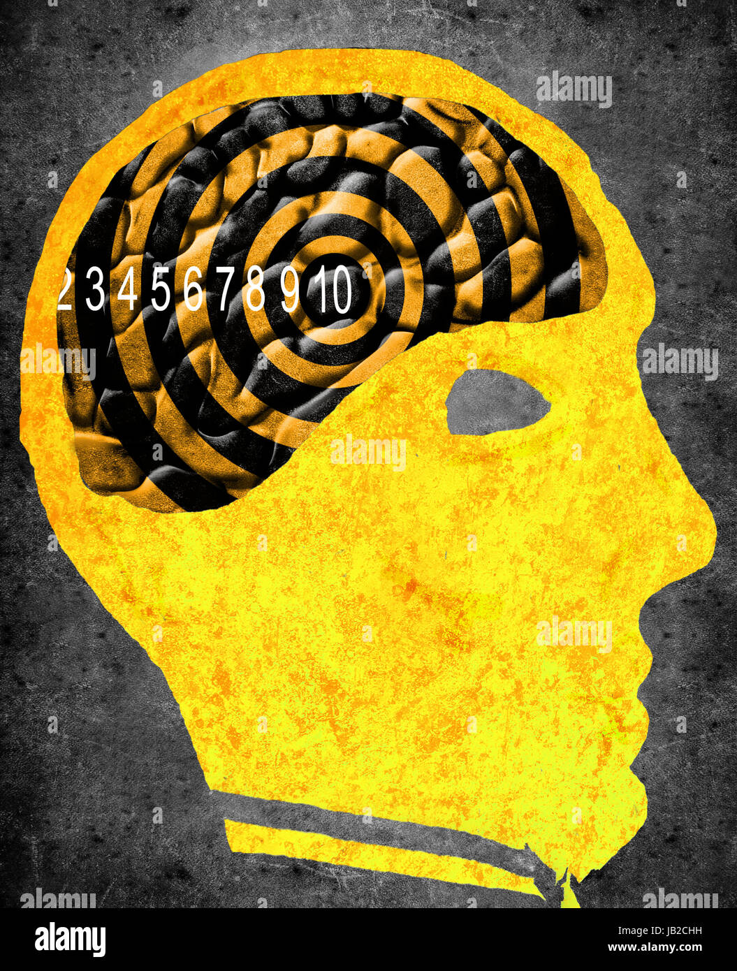 yellow face silhouette with target brain Stock Photo - Alamy