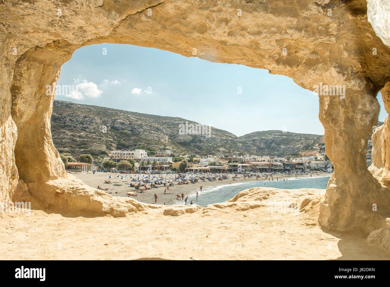 View of Matala's beach from caves, Crete, Greece Stock Photo - Alamy