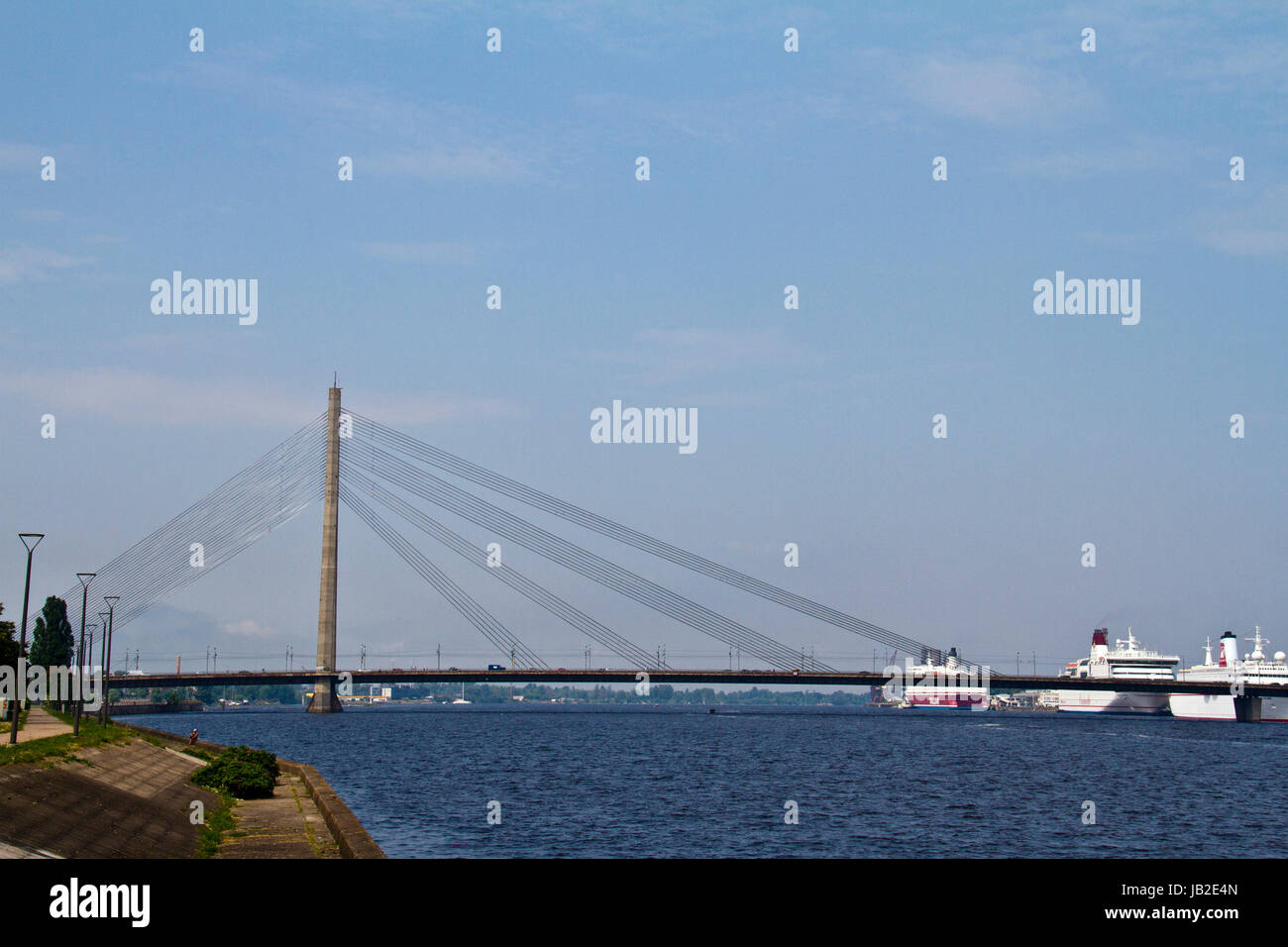View of modern architecture - cable stayed bridge in Riga, Latvia Stock ...