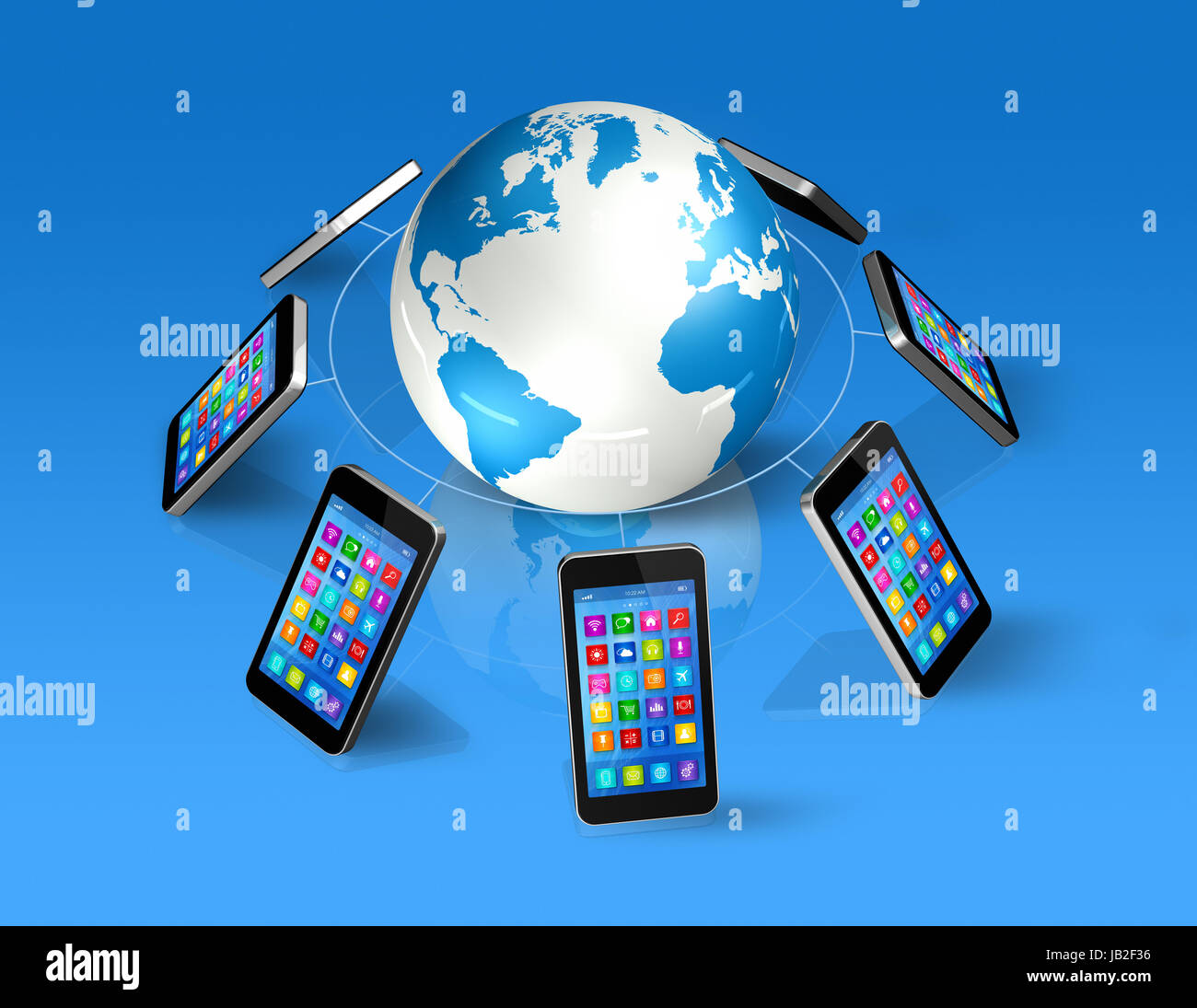 3D Smartphones Around World Globe, isolated on blue - Global ...
