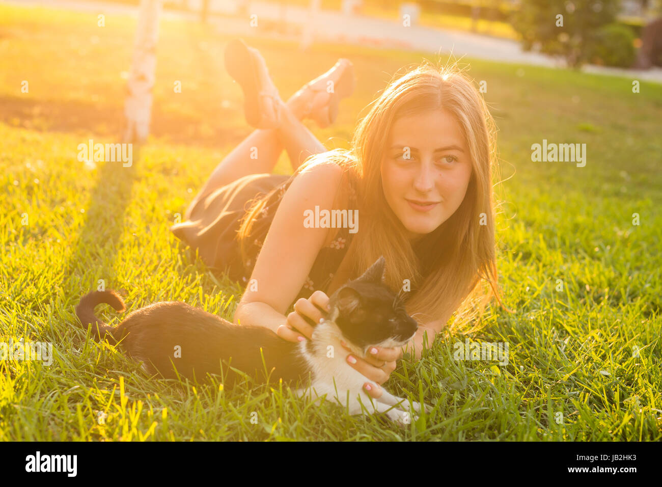 Pets and owner concept - Beautiful girl playing with a cat in the grass ...