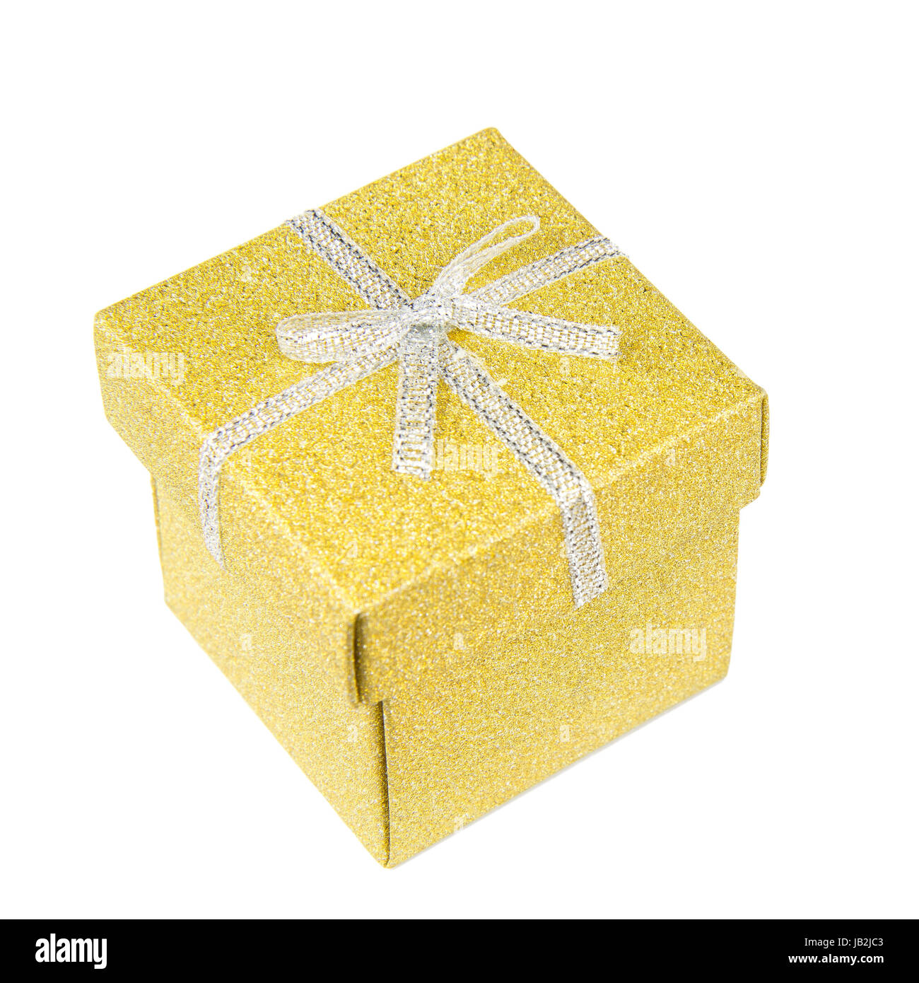 Golden, square, shiny gift box with silver ribbon on white background ...