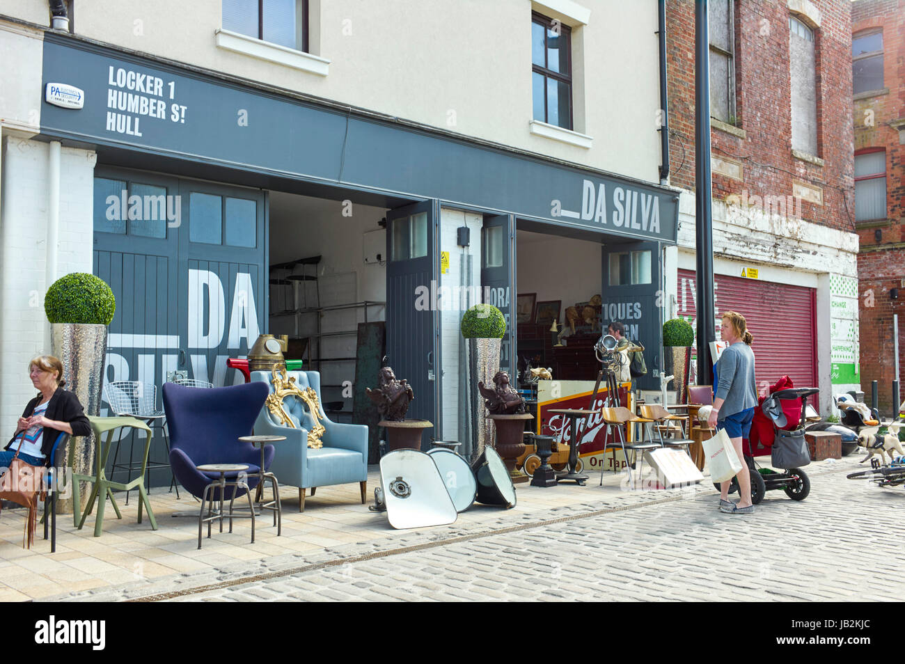 Da Silver antiques on pavement in Humber Street, Hull Stock Photo - Alamy