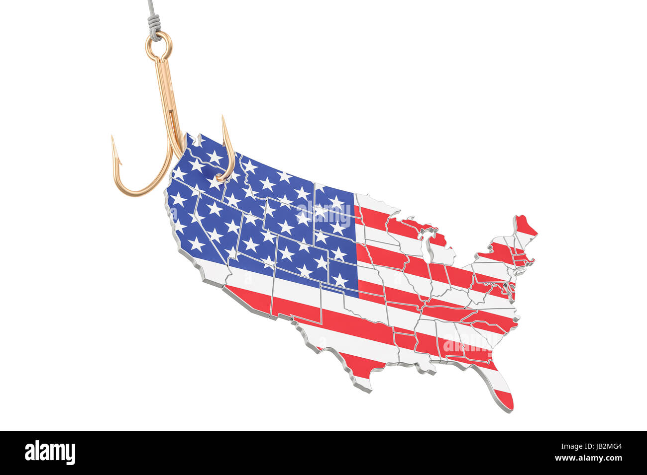 Fishing hook with map of USA, 3D rendering isolated on white background ...
