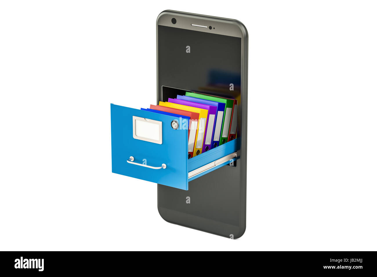 Phone data storage. Smartphone with folders in filing cabinet, 3D ...