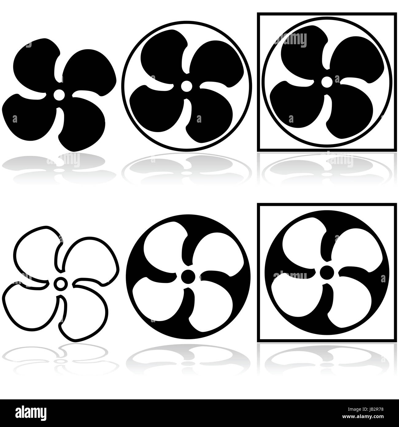 Icon set showing a fan by itself or inside a circle and square Stock ...