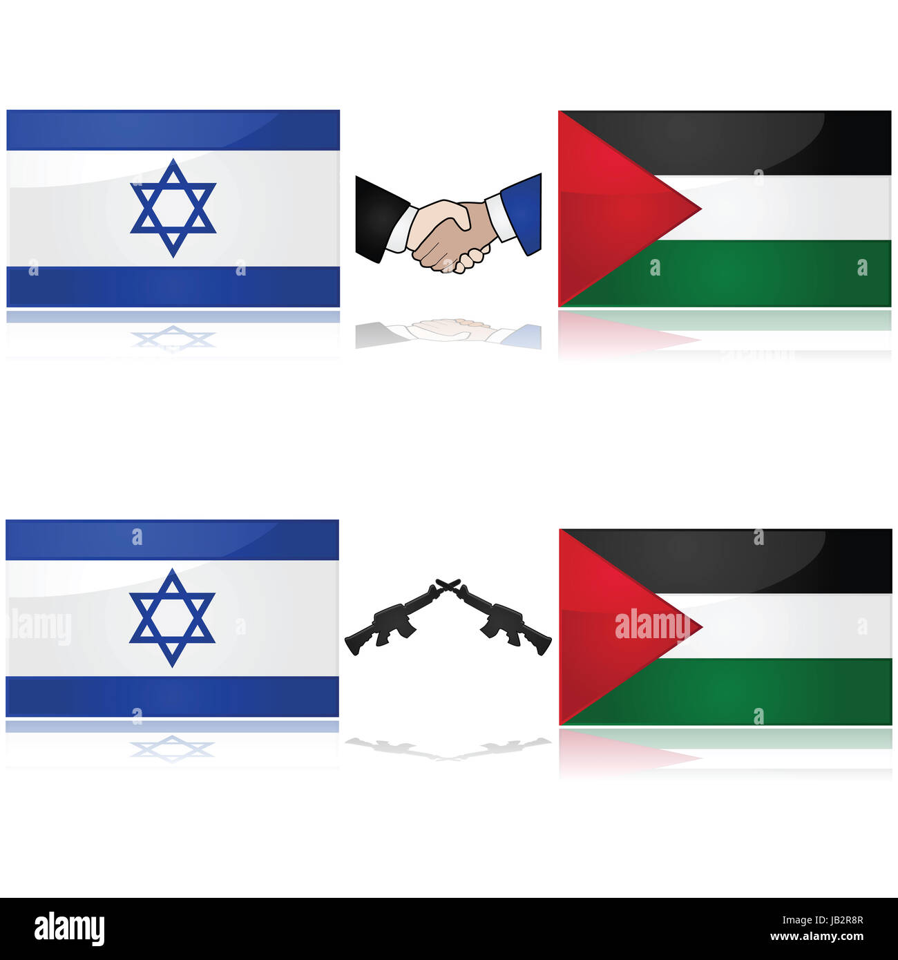 Concept showing the flags of Israel and Palestine divided by weapons or ...