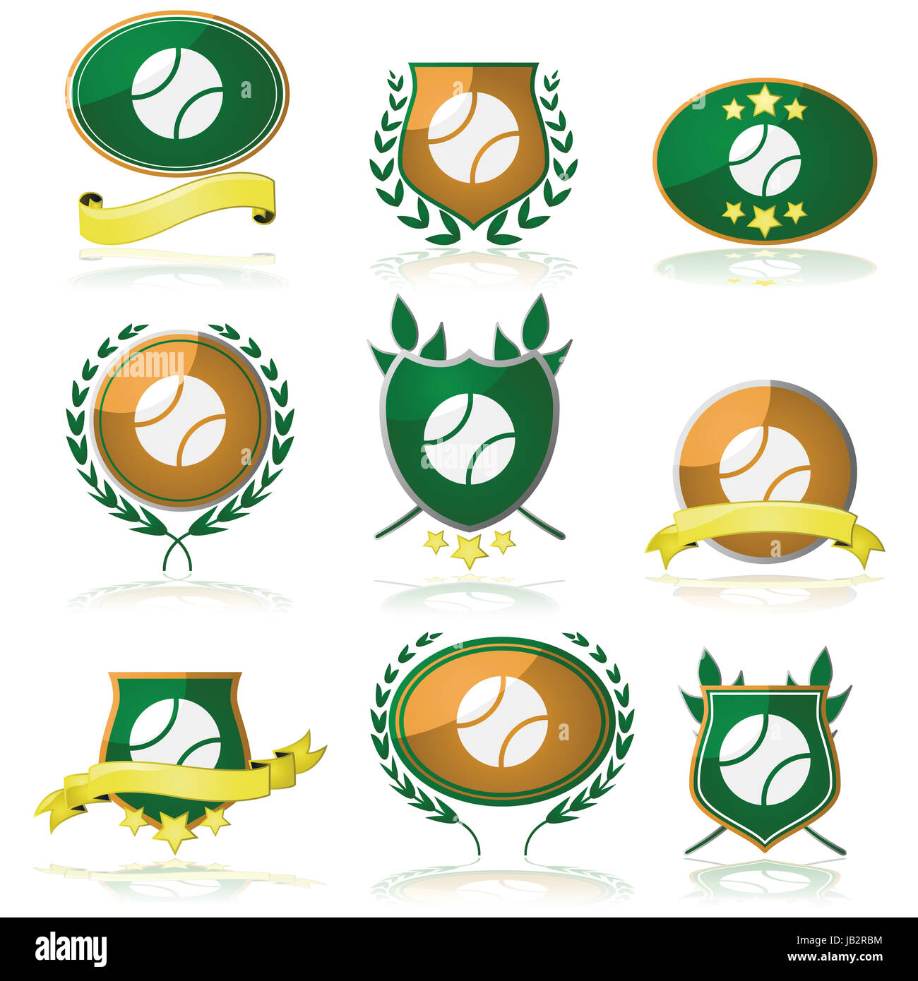 Set of shields and badges showing a tennis ball Stock Photo - Alamy