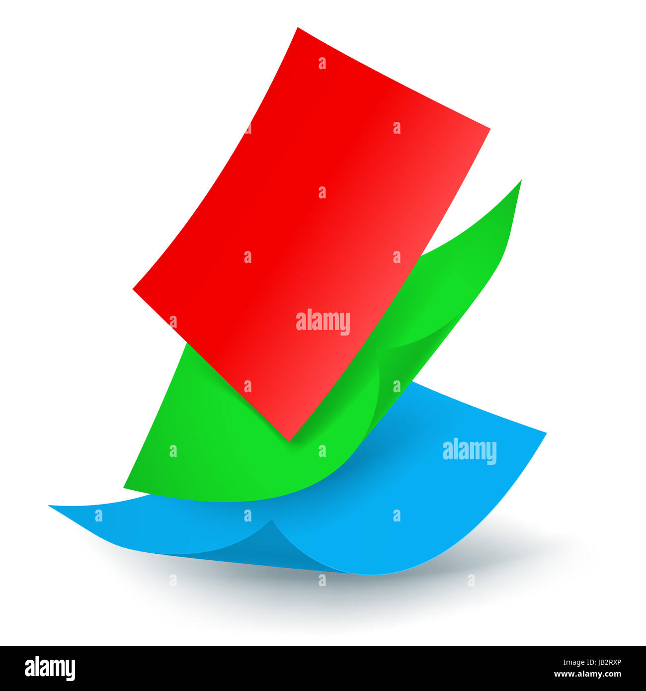 Three colored paper sheets falling down. Illustration on white ...
