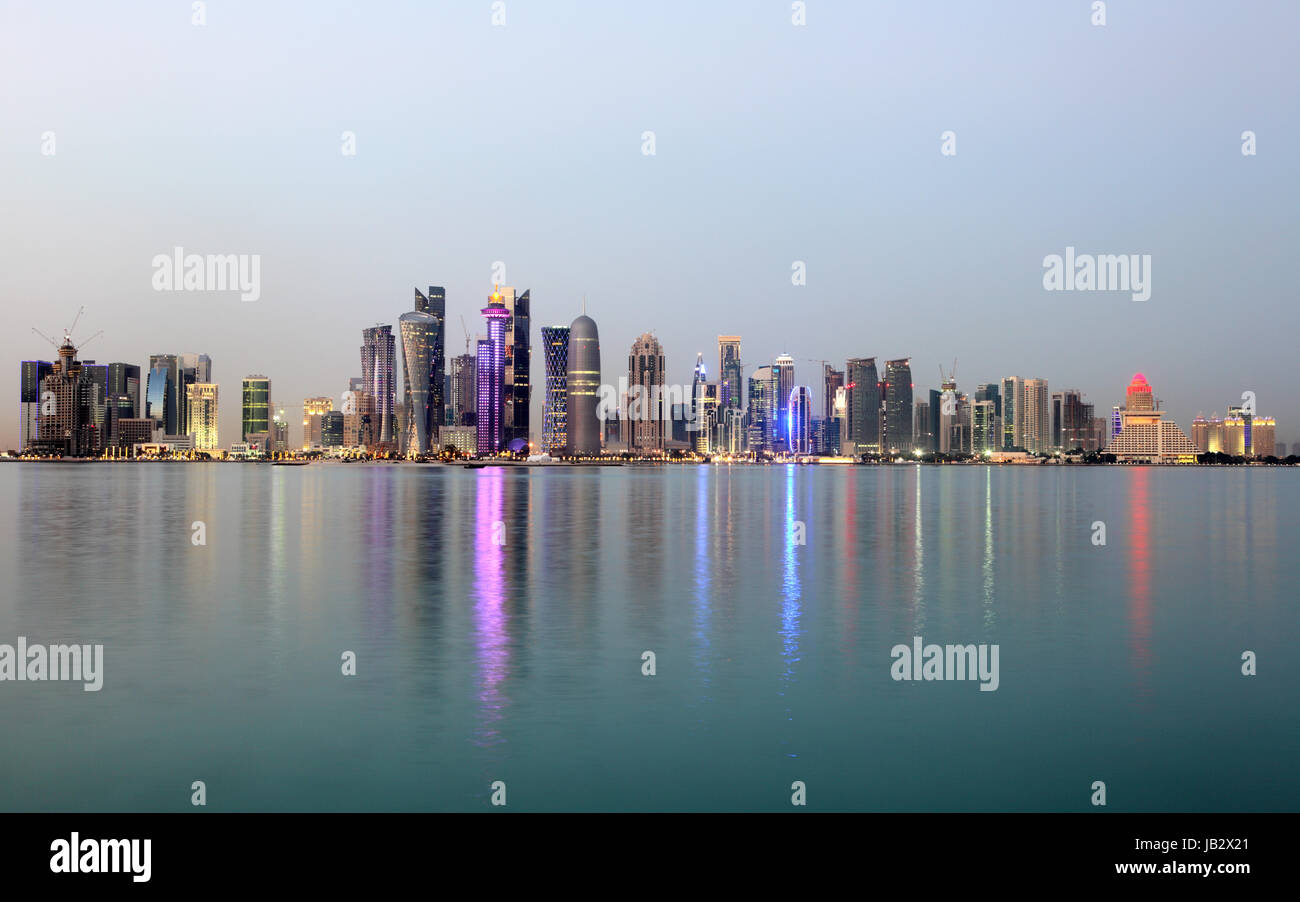 Doha downtown skyline at dusk, Qatar, Middle East Stock Photo - Alamy
