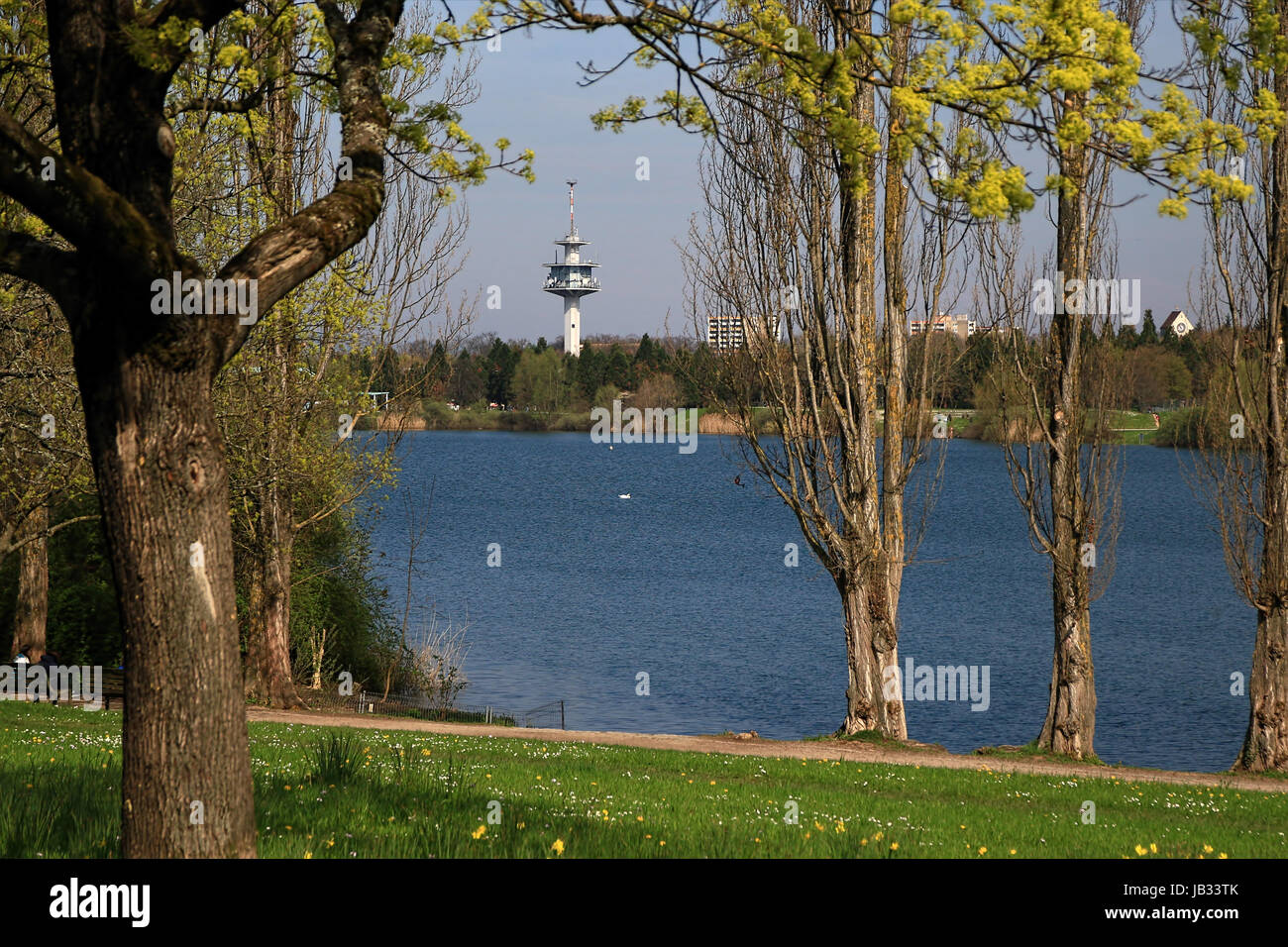 Aerial view of Freiburg Seepark which is a beautiful lake within the ...
