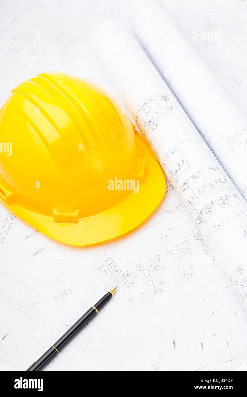 Construction drawing and safety helmet Stock Photo - Alamy