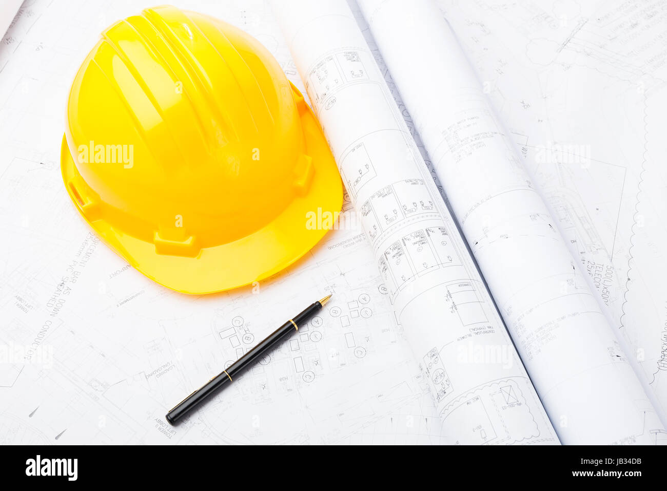 Blue print and safety helmet Stock Photo - Alamy
