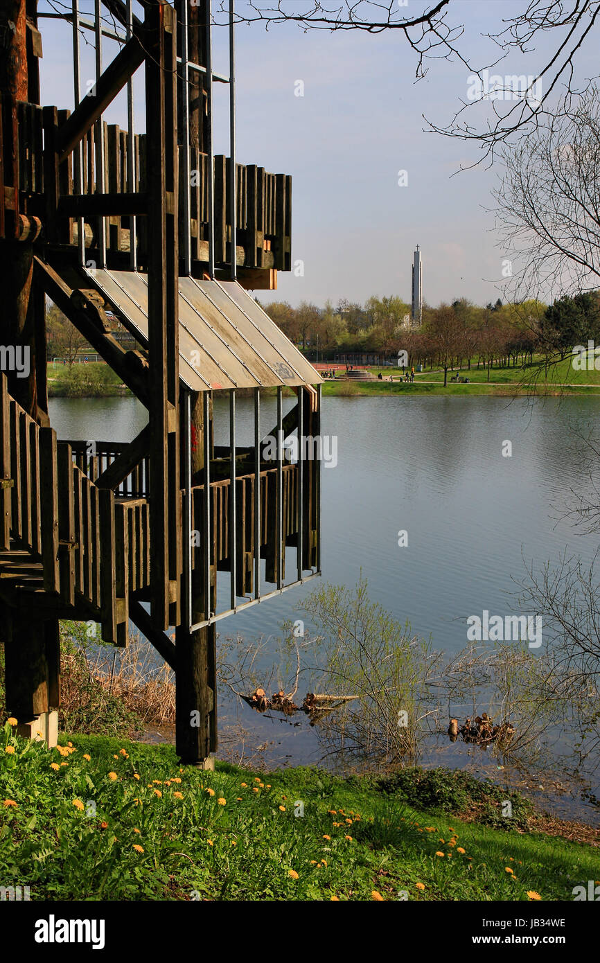 Aerial view of Freiburg Seepark which is a beautiful lake within the ...