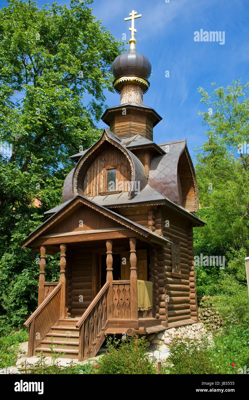 An old orthodox log wooden chapel near St. Sava's spring, Sergiev Posad ...
