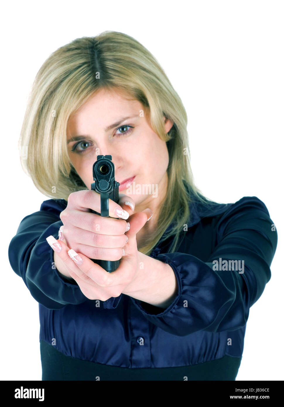 Beautiful blond girl aiming a gun at camera Stock Photo - Alamy