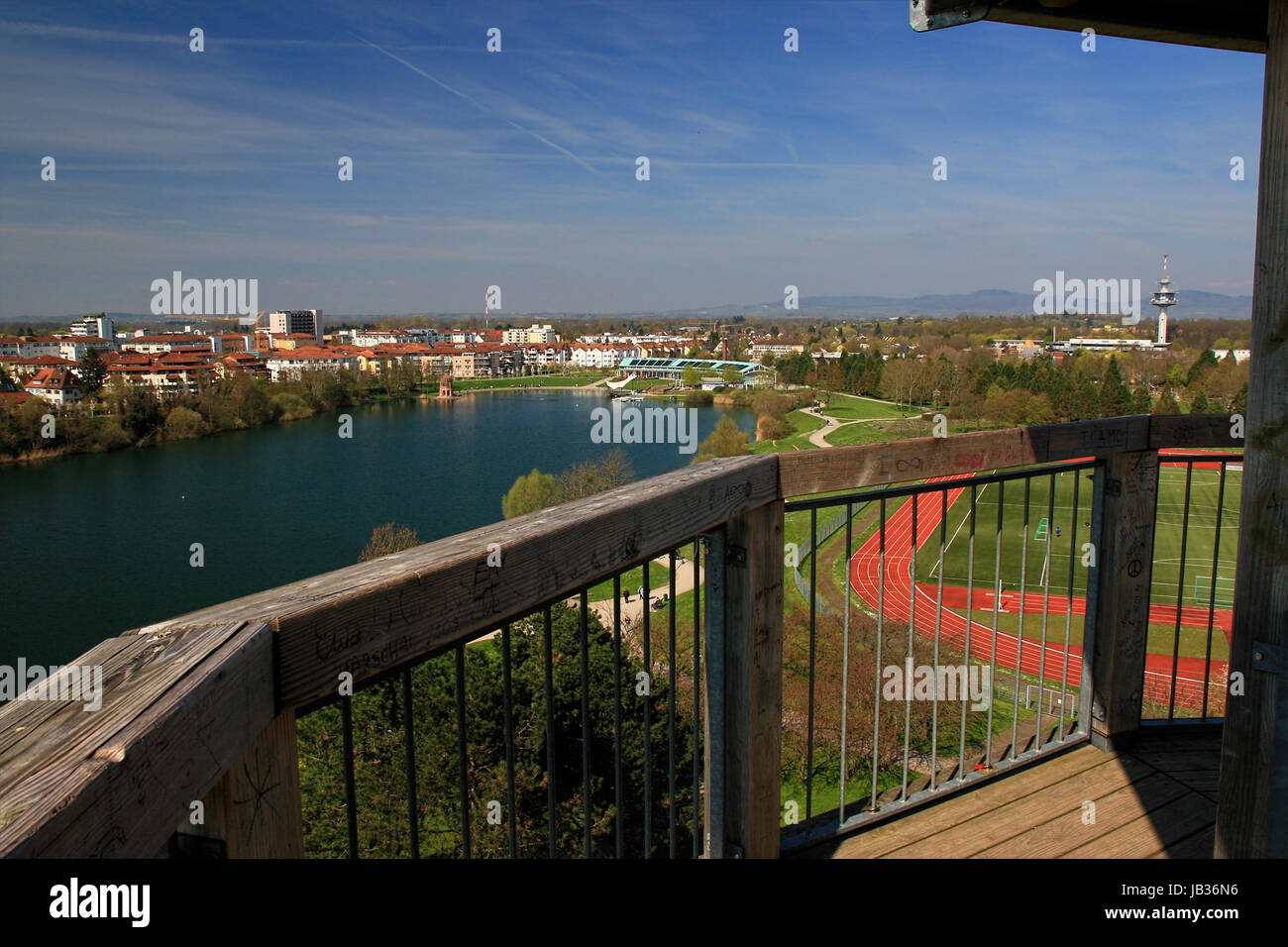 Aerial view of Freiburg Seepark which is a beautiful lake within the ...