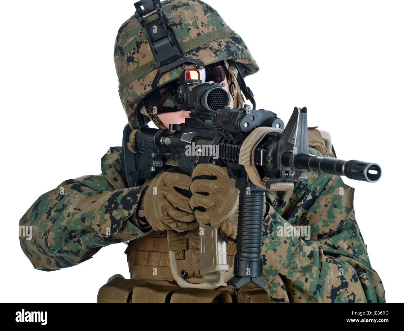 US soldier aiming his assault rifle. White background Stock Photo - Alamy
