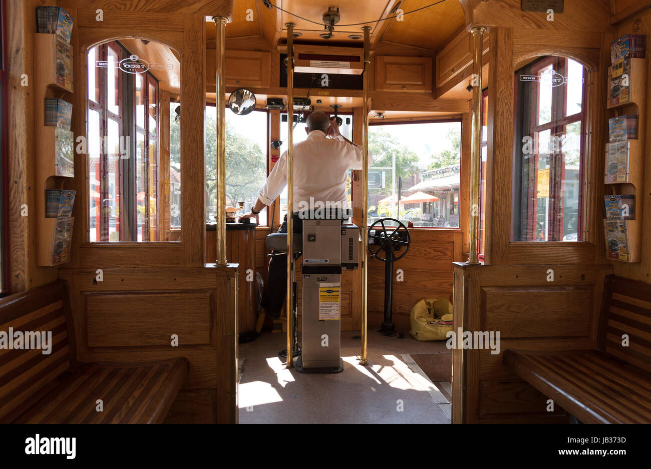 The interior of a streetcar with the motorman driving. Tampa Florida ...