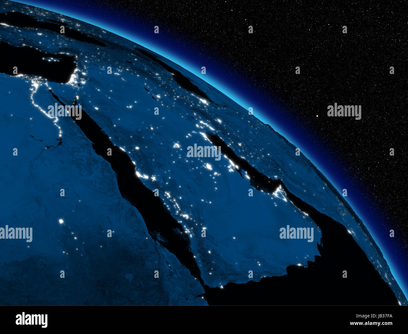 Arabian peninsula at night on planet Earth viewed from space. Highly ...