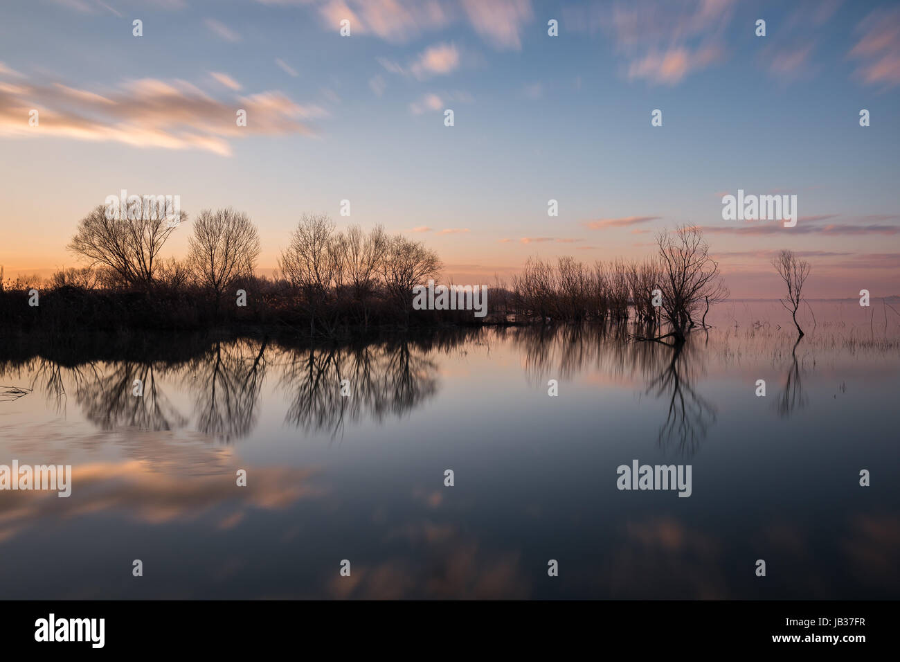 Perfectly symmetric reflections of trees and clouds on a lake at sunset ...