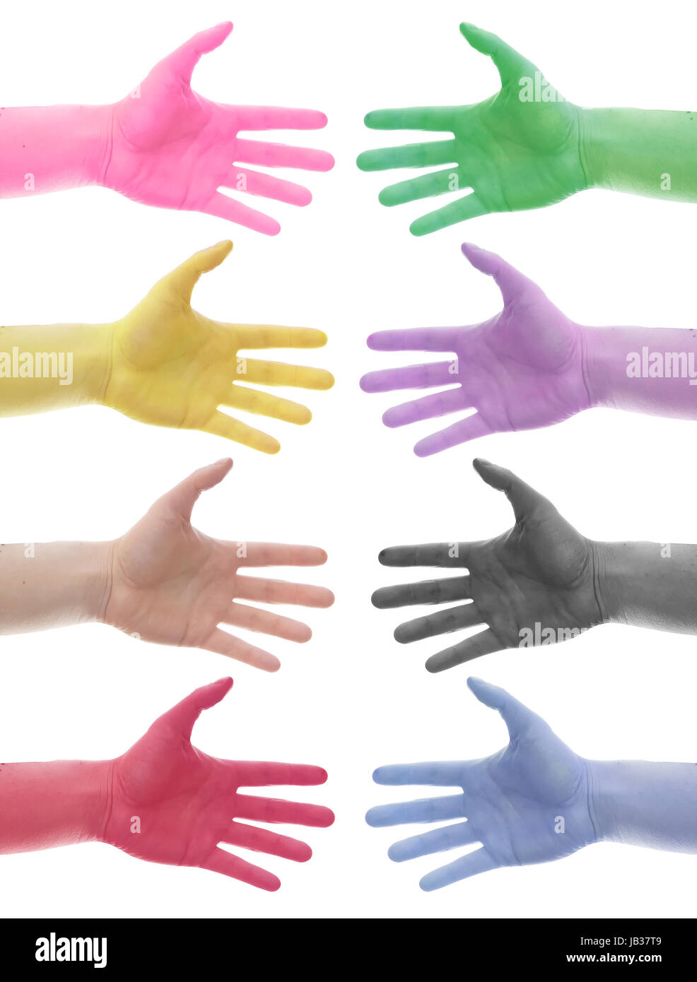 eight differrent colors hands on white background Stock Photo - Alamy