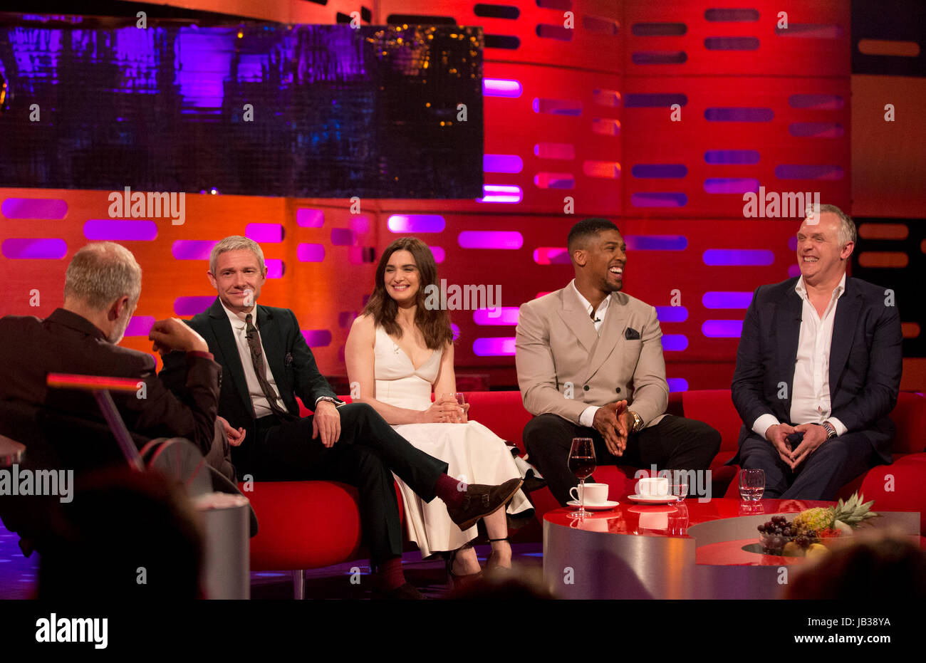 (left to right) Host Graham Norton with Martin Freeman, Rachel Weisz ...