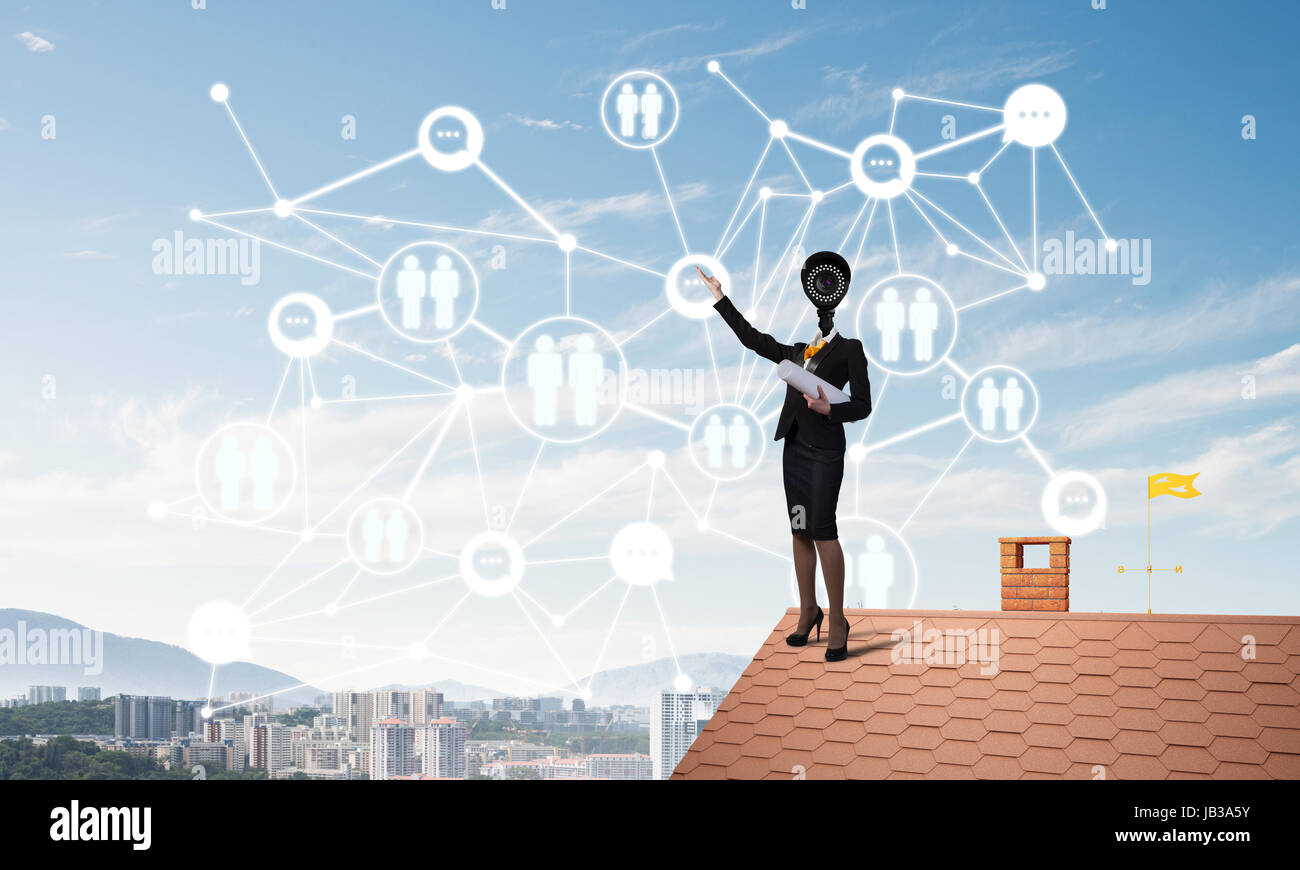 Concept of security and privacy protection with camera headed woman ...