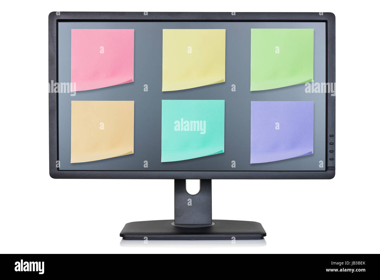Computer monitor with color note papers , isolated on white background ...