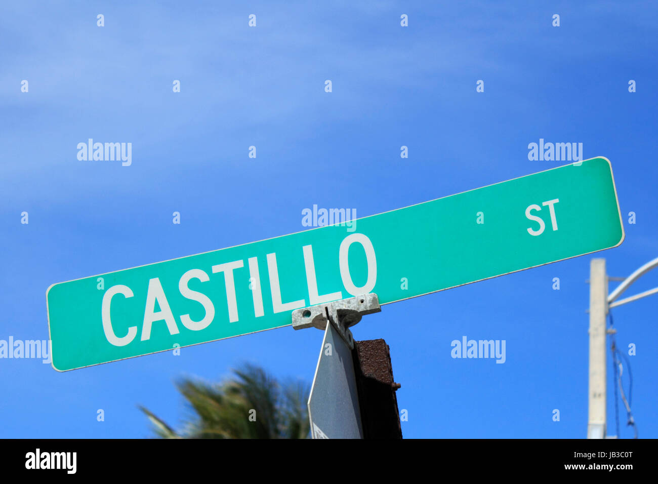 Closeup of a green and white public Castillo Street sign with a sunny ...
