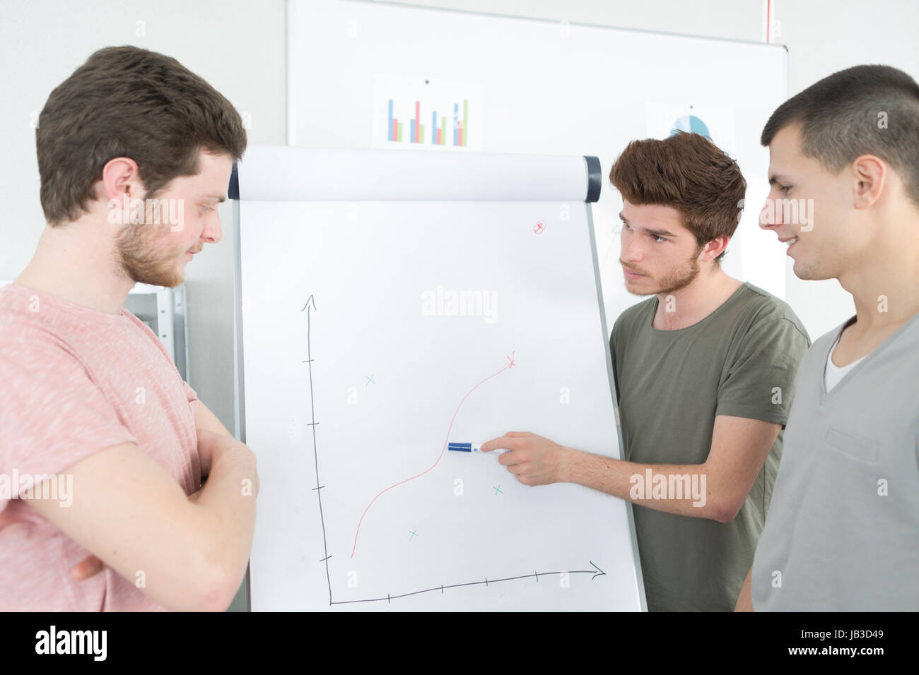 young businessman explaining chart on the whiteboard to his colleagues ...