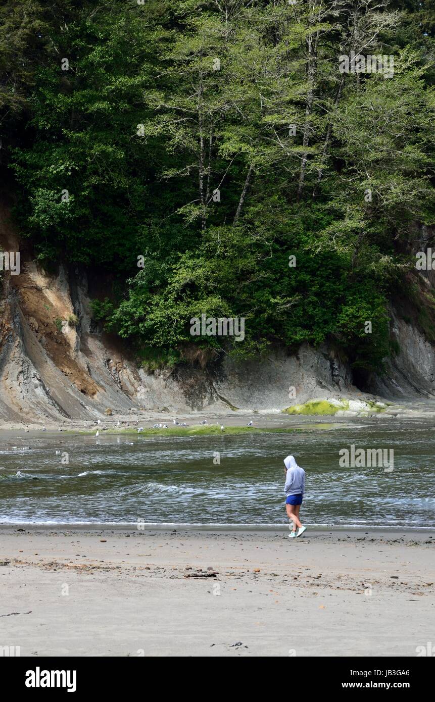 Young Woman Walking On The Beach In Sunset Bay State Park, Oregon Stock ...