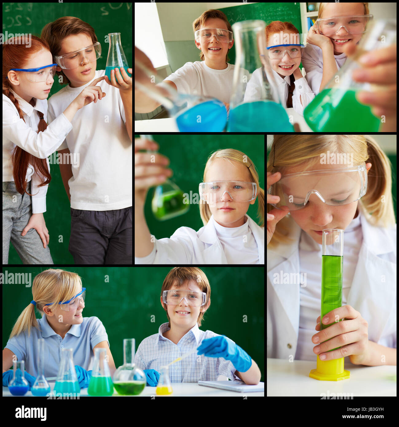 Collage of cute schoolchildren working with chemical liquids at lesson ...