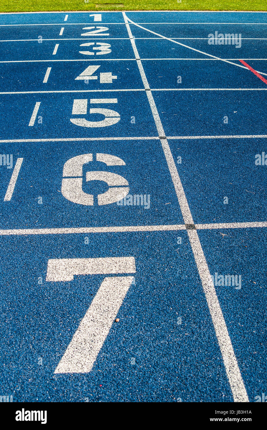 background of the start line of blue running tracks Stock Photo - Alamy