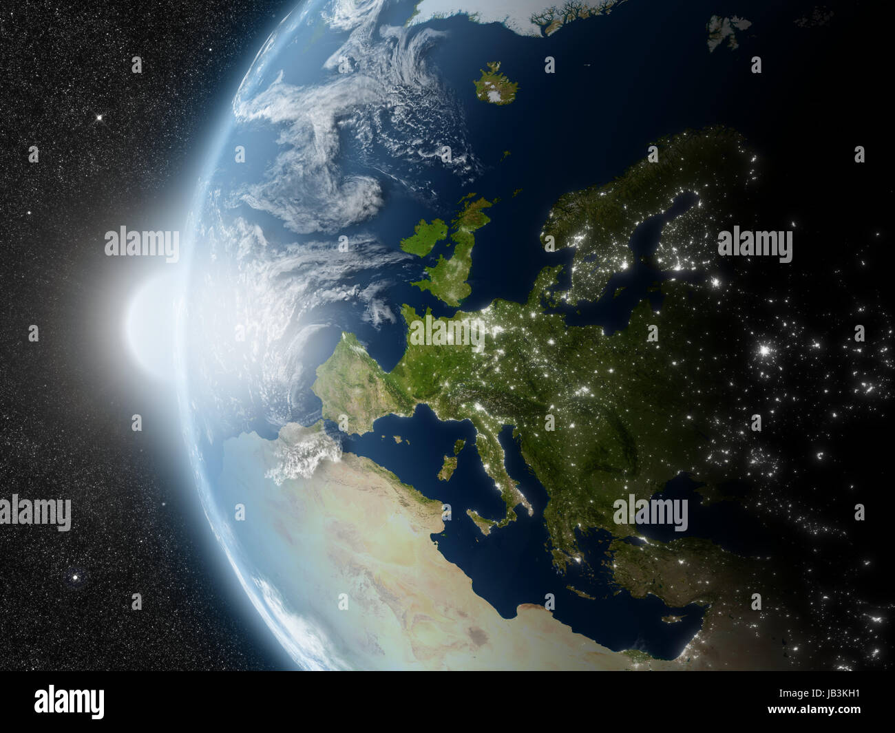 Sunset over Europe region on planet Earth viewed from space with Sun ...