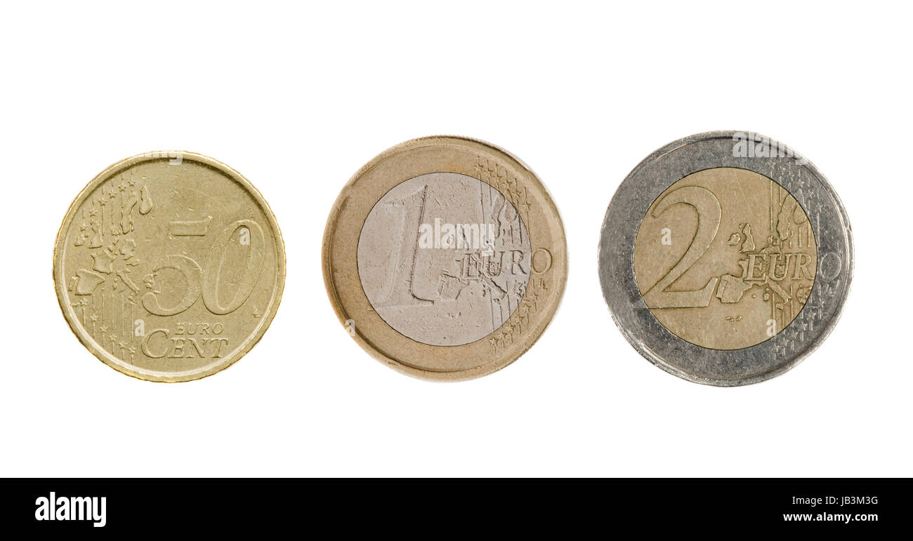 Three Euro coins isolated on white background Stock Photo - Alamy